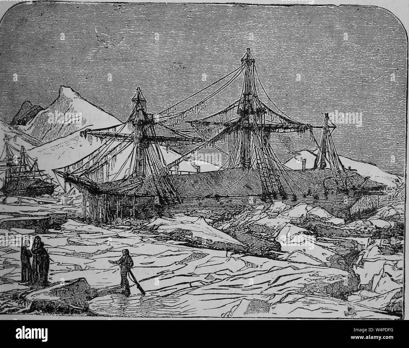 Dessin gravé de Parry's les navires pris dans la glace, du livre "The ...