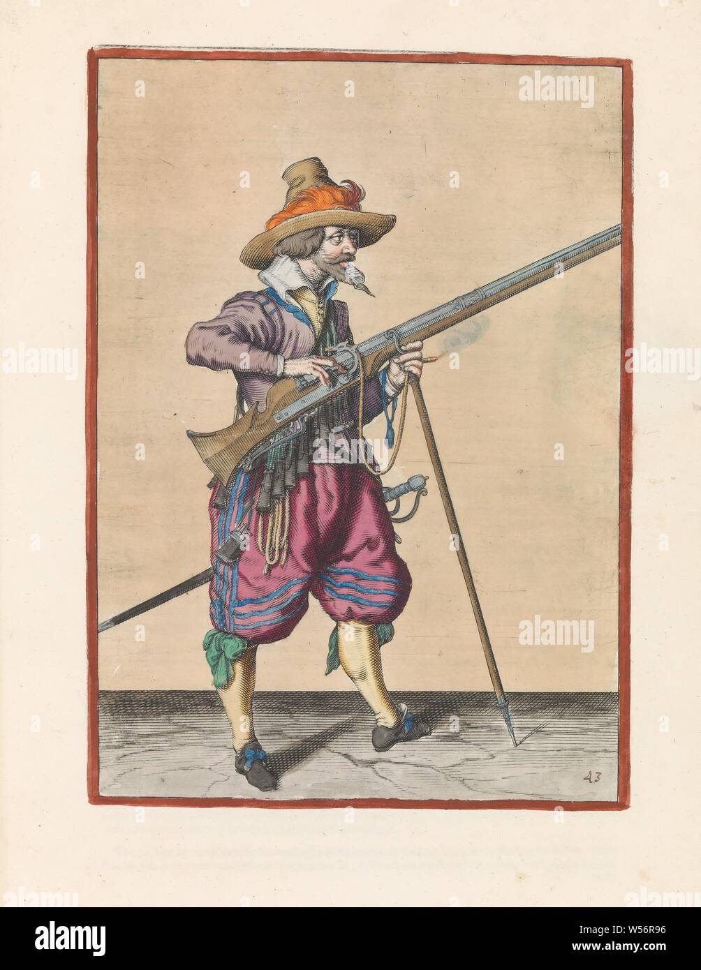 Garde soldat en couvrant la casserole de son mousquet avec deux doigts ...