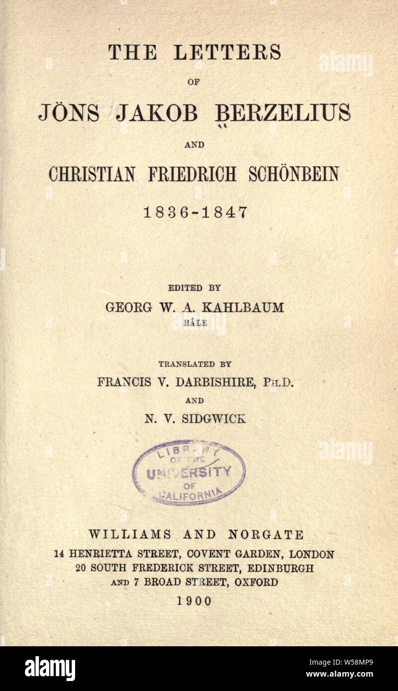 Les lettres de jons jakob berzelius et christian friedrich schonbein ...