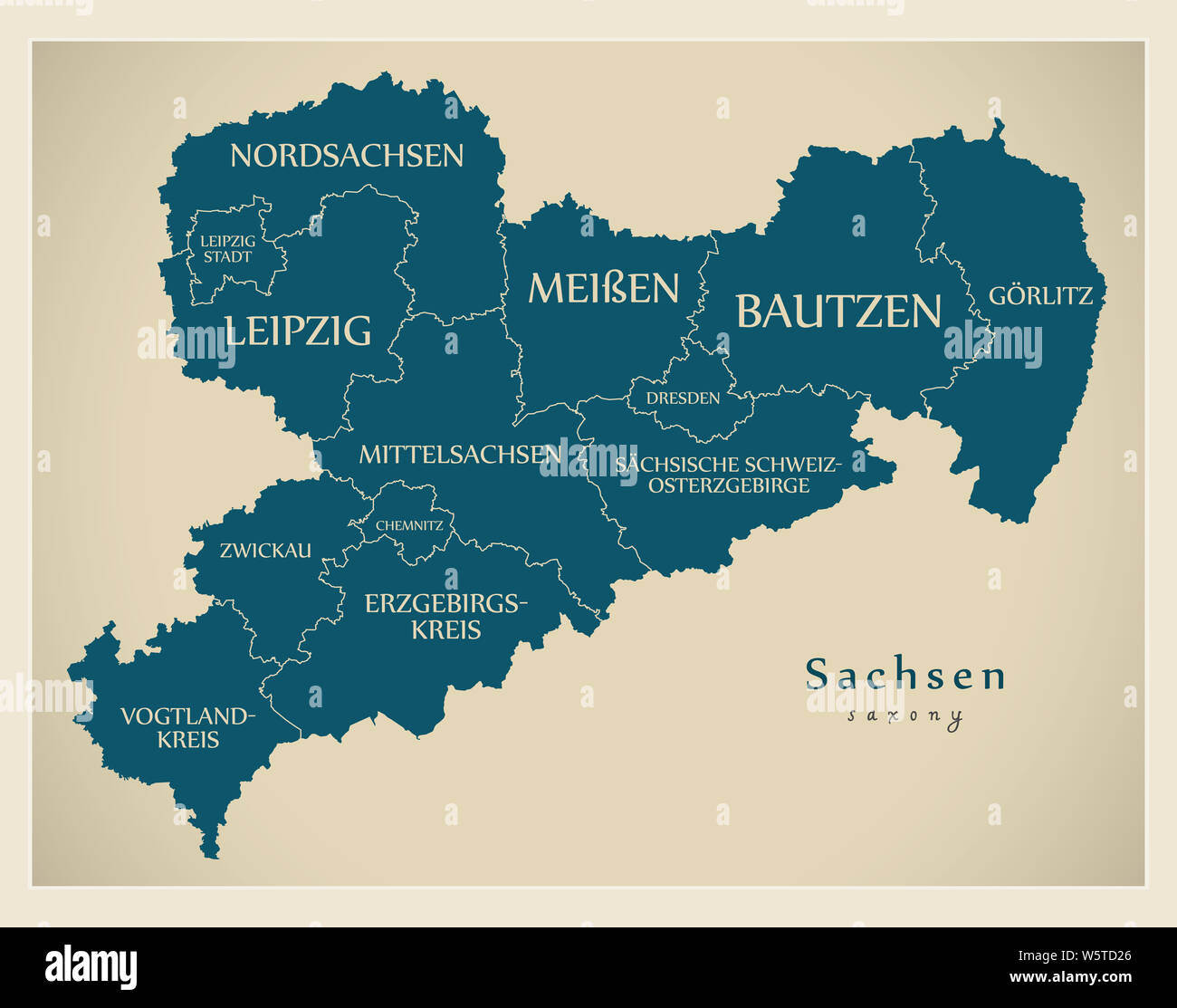Carte moderne - Saxe carte de l'Allemagne avec les comtés et étiquettes ...