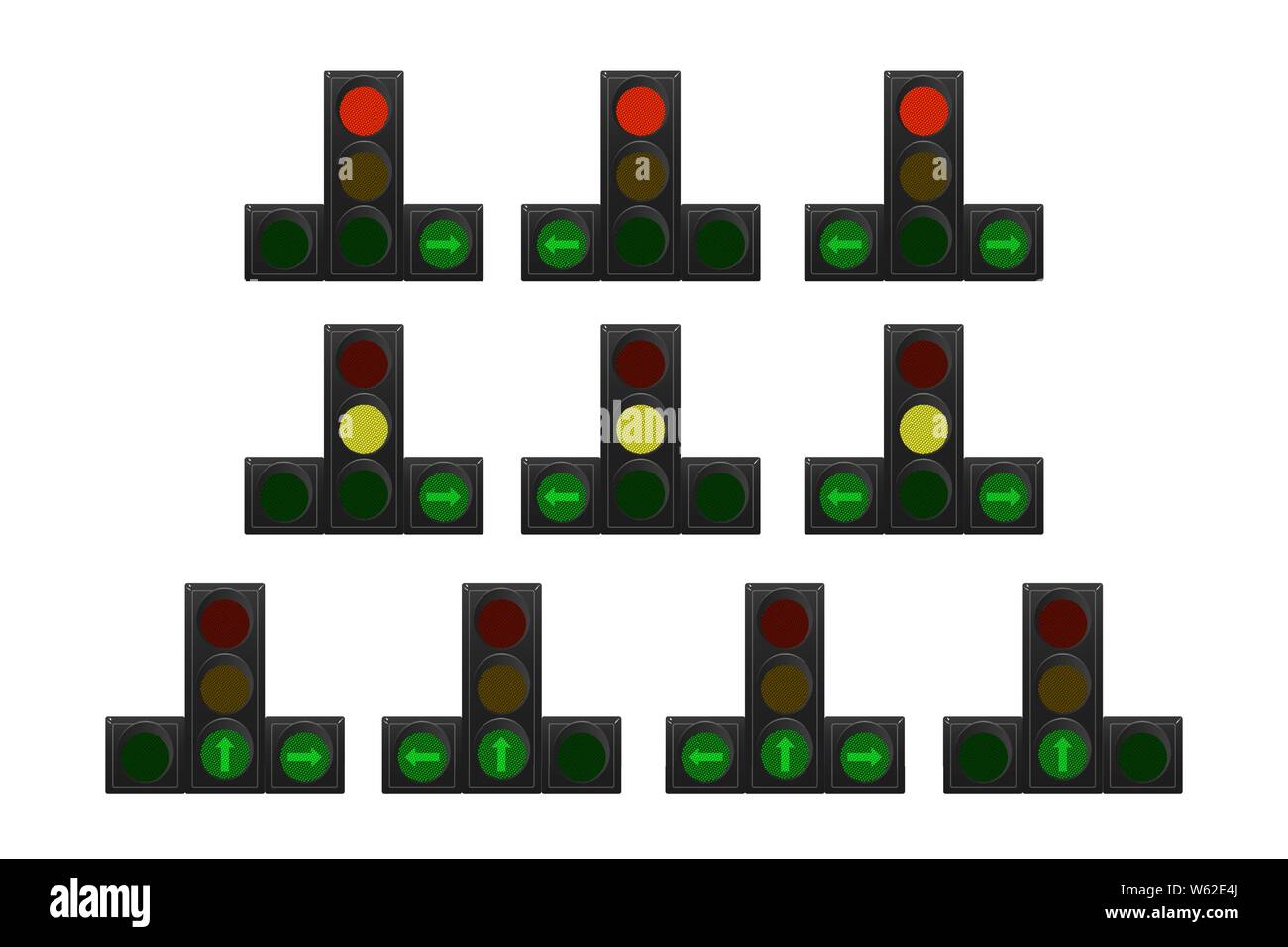 Ensemble de feux de circulation. Rouge, jaune et vert. Flèche tout ...