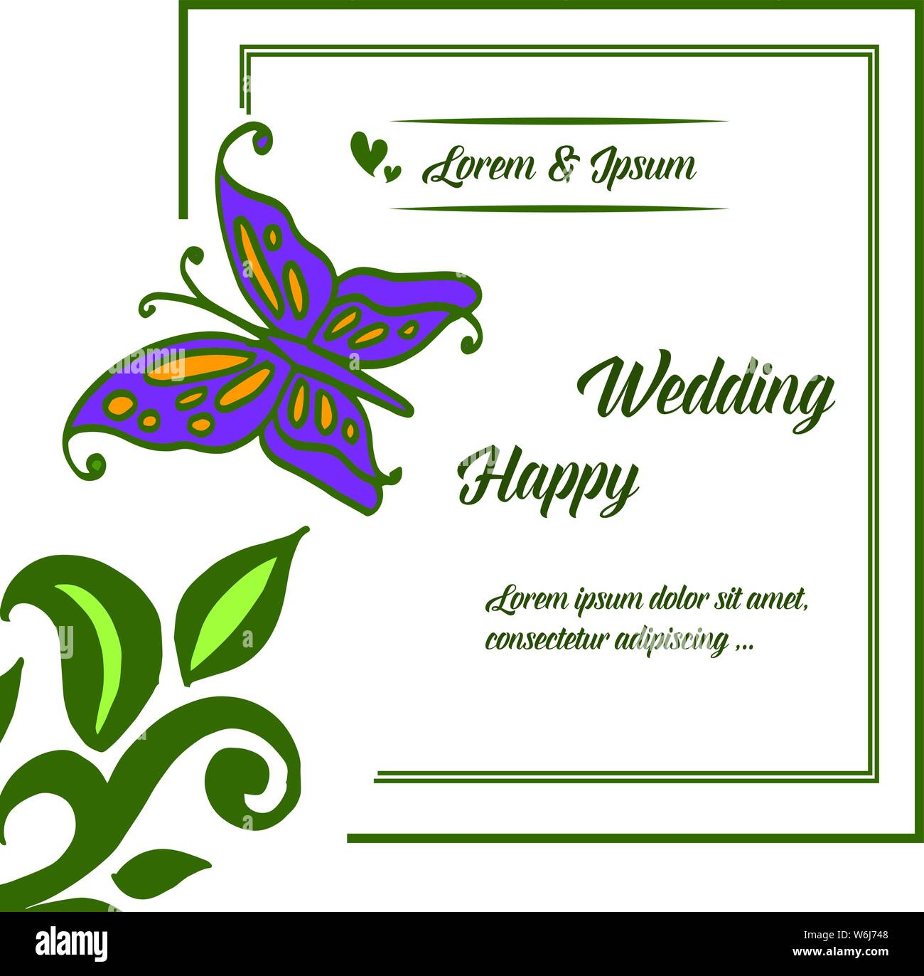 Template design happy wedding, texture feuille verte et décoration ...