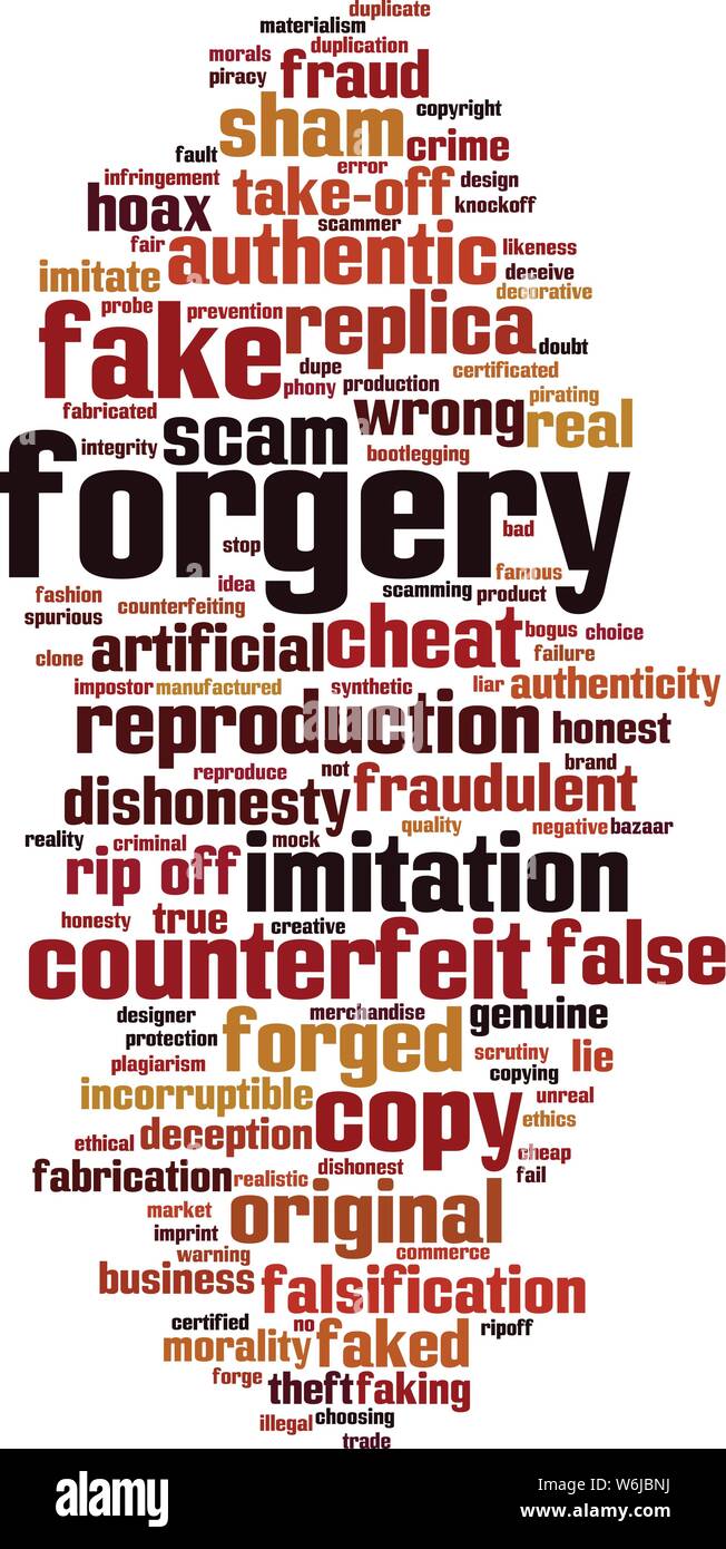 Mot faux concept cloud. Collage de mots à propos de la falsification ...