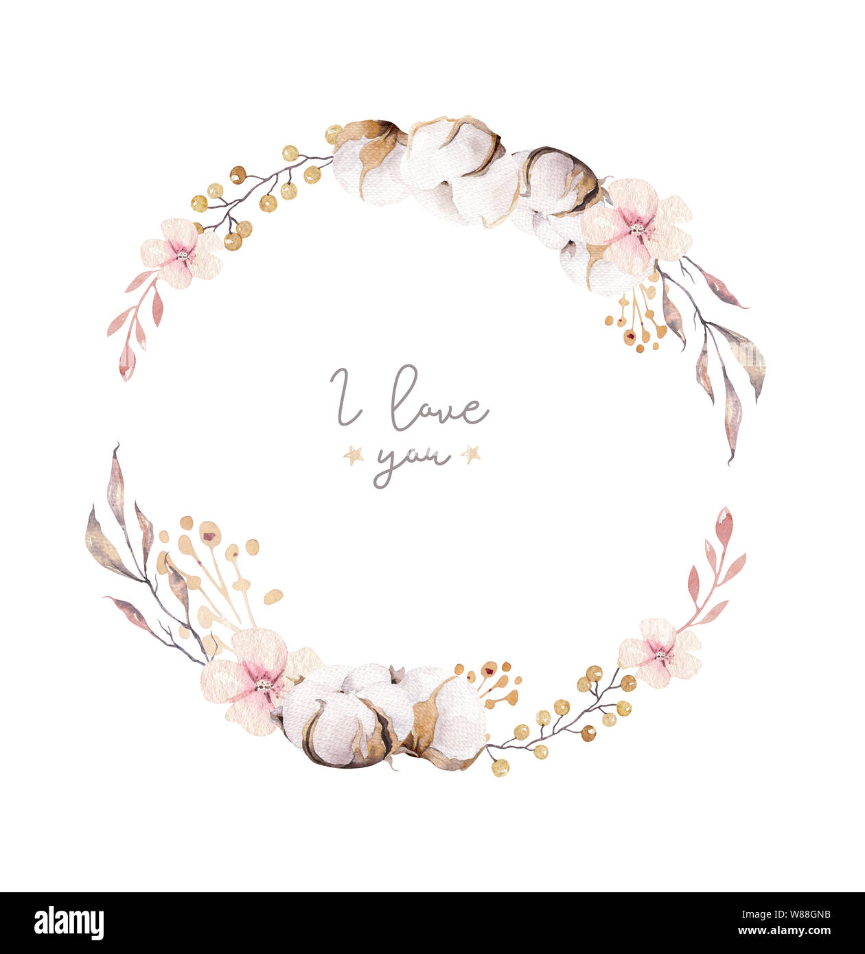 Couronne de fleurs boho aquarelle. Bohemian cadre naturel : coton fleurs, fleurs feuilles de ...