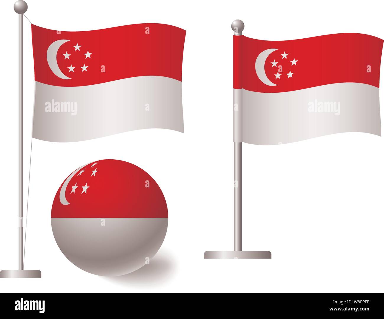 Drapeau de Singapour et la balle sur le poteau. Mât en métal. Drapeau ...