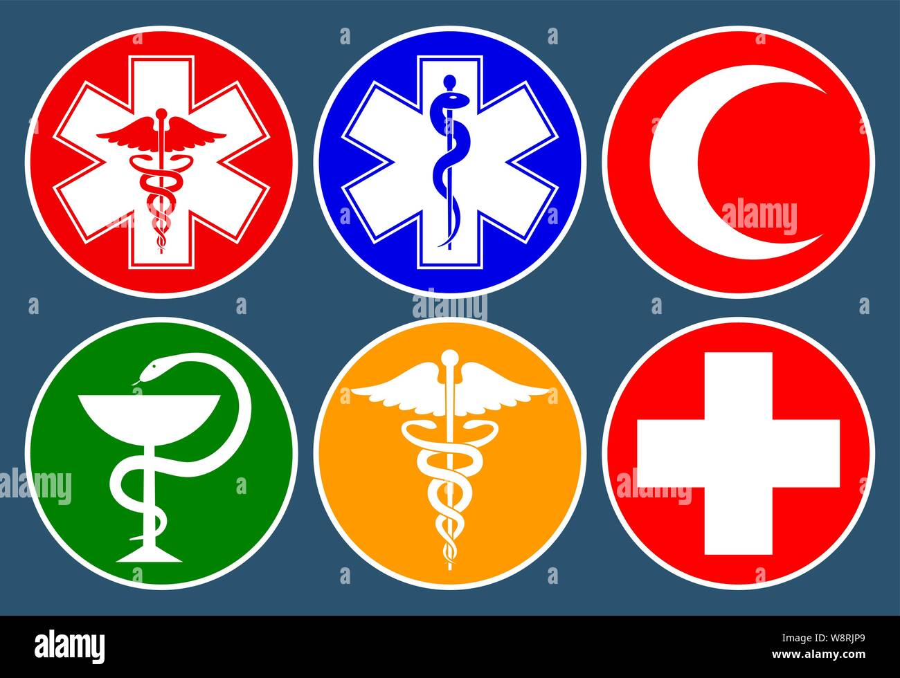 Ensemble de symboles médicaux internationaux décorés dans un cercle. Star de la vie, personnel d ...