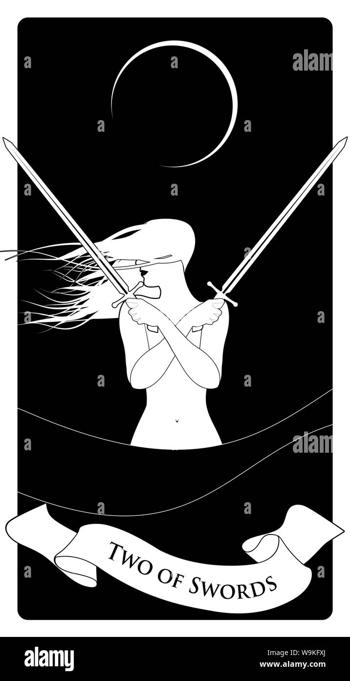Deux d'épées. Cartes de Tarot. Wind-haired woman avec deux épées ...