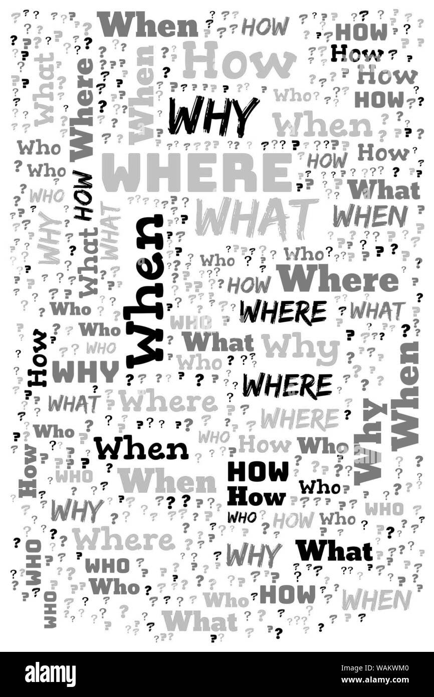 Nuage de mots - Qui, Quoi, Où, Quand, Pourquoi et comment sur fond ...