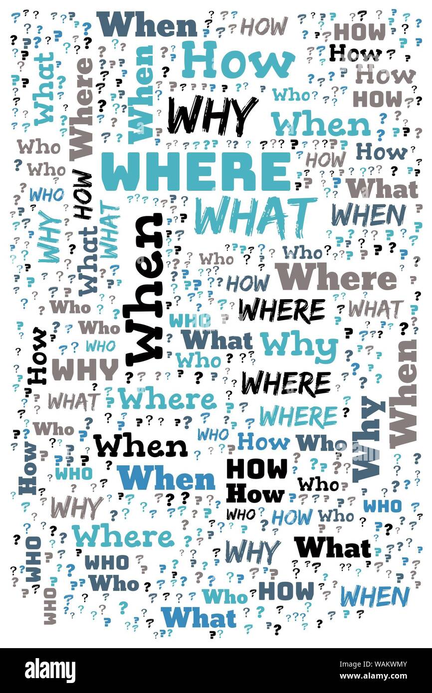 Nuage de mots - Qui, Quoi, Où, Quand, Pourquoi et comment sur fond ...