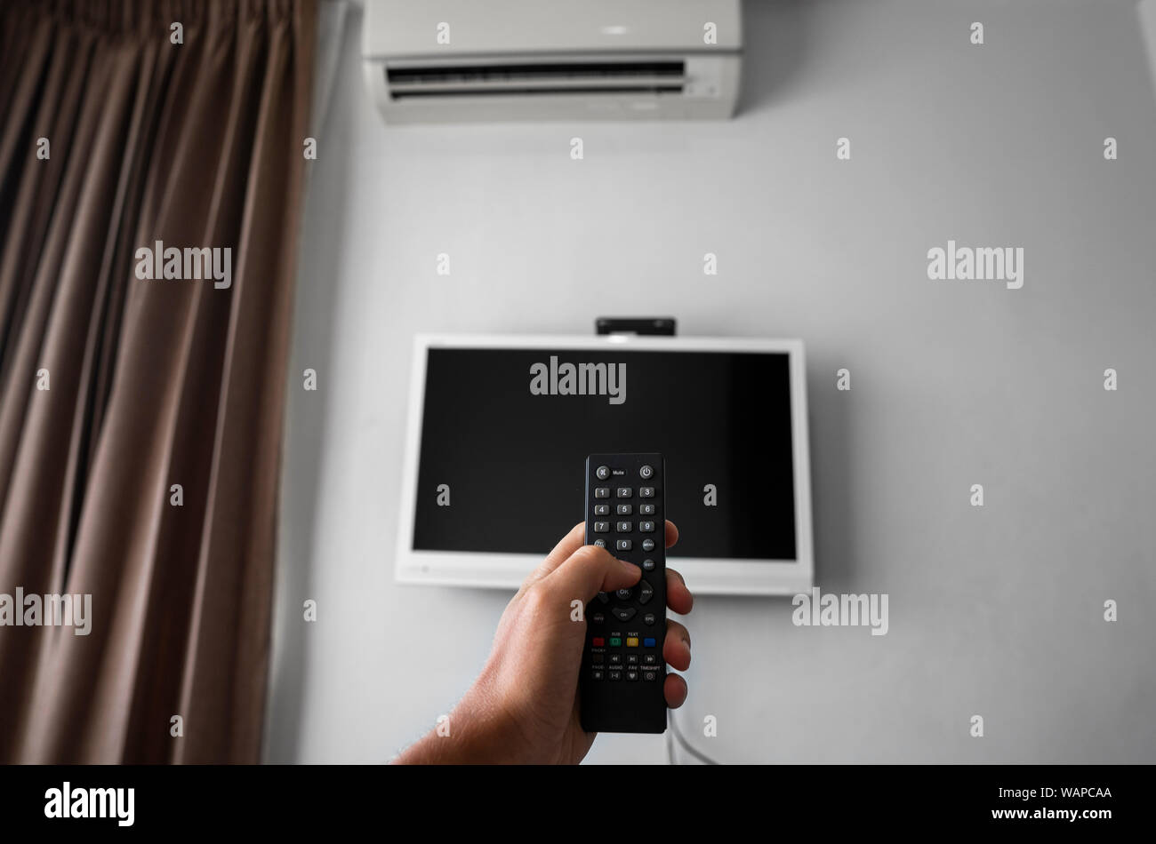 L'homme avec la télécommande dans la main veulent mettre le plat et ...
