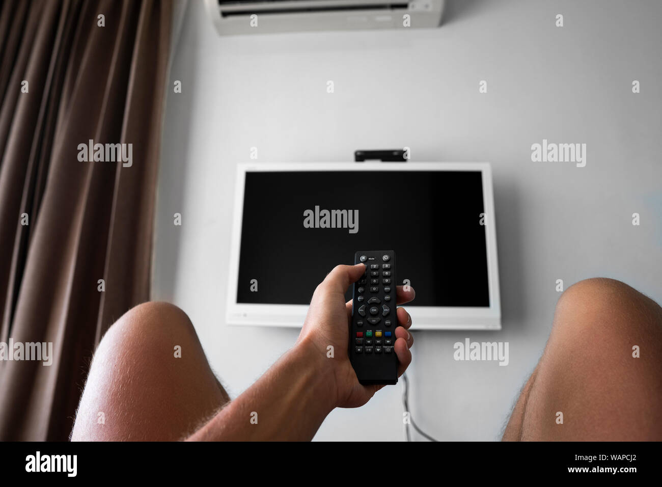 L'homme avec la télécommande dans la main veulent mettre le plat et ...