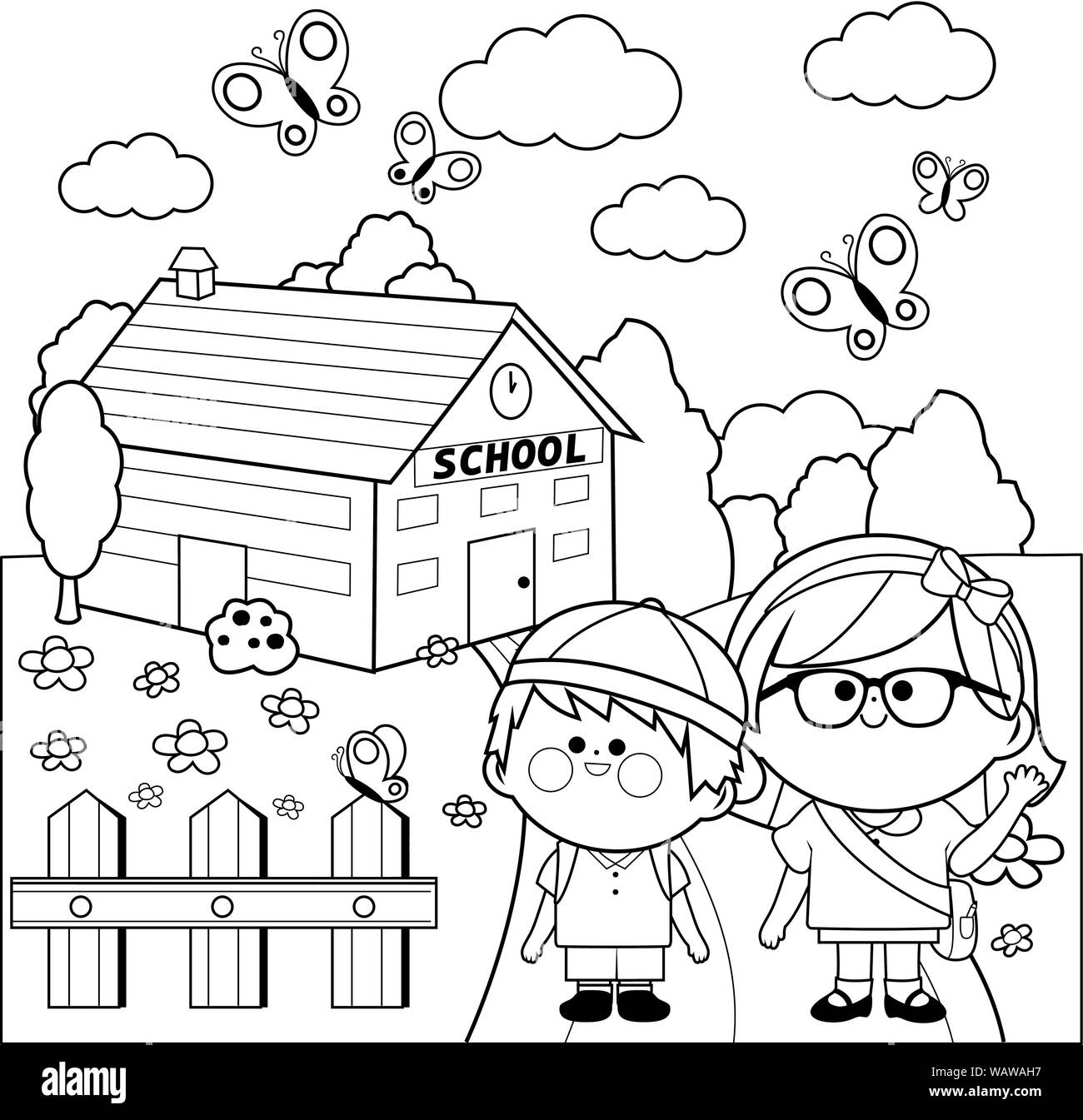 Les enfants à l'école. Livre de coloriage noir et blanc la page Image ...