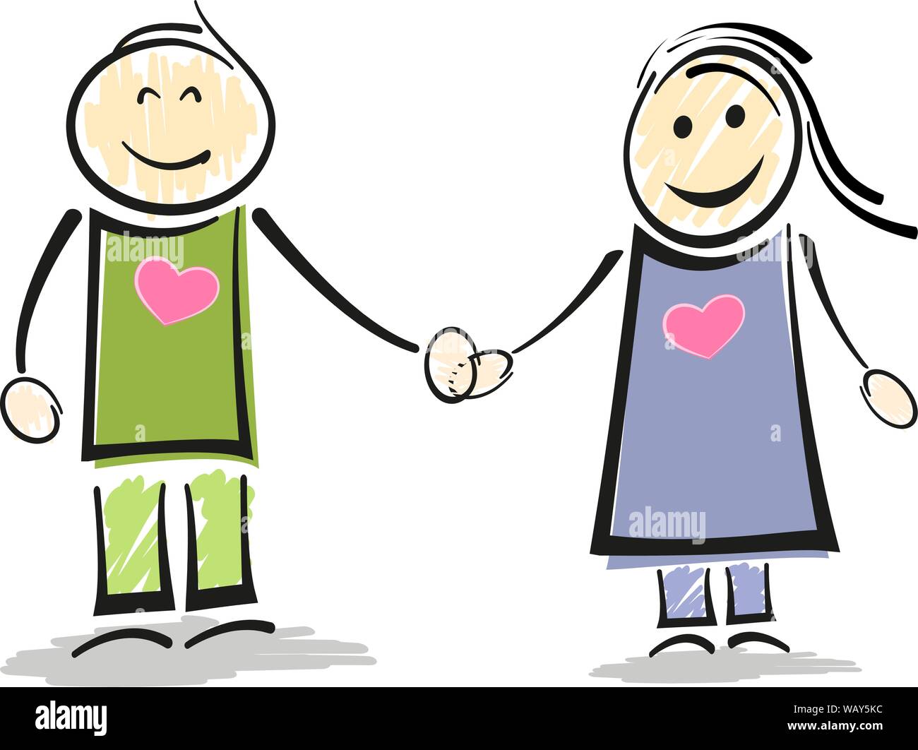 Stick Figure Smiling Couple Holding Hands Vector Illustration Image