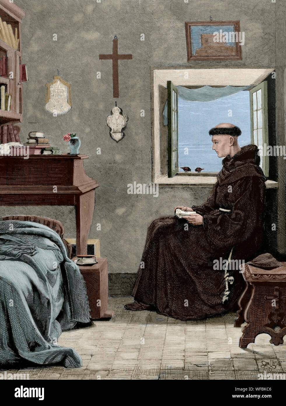 Un moine capucin dans la méditation. Gravure d'après une peinture par ...