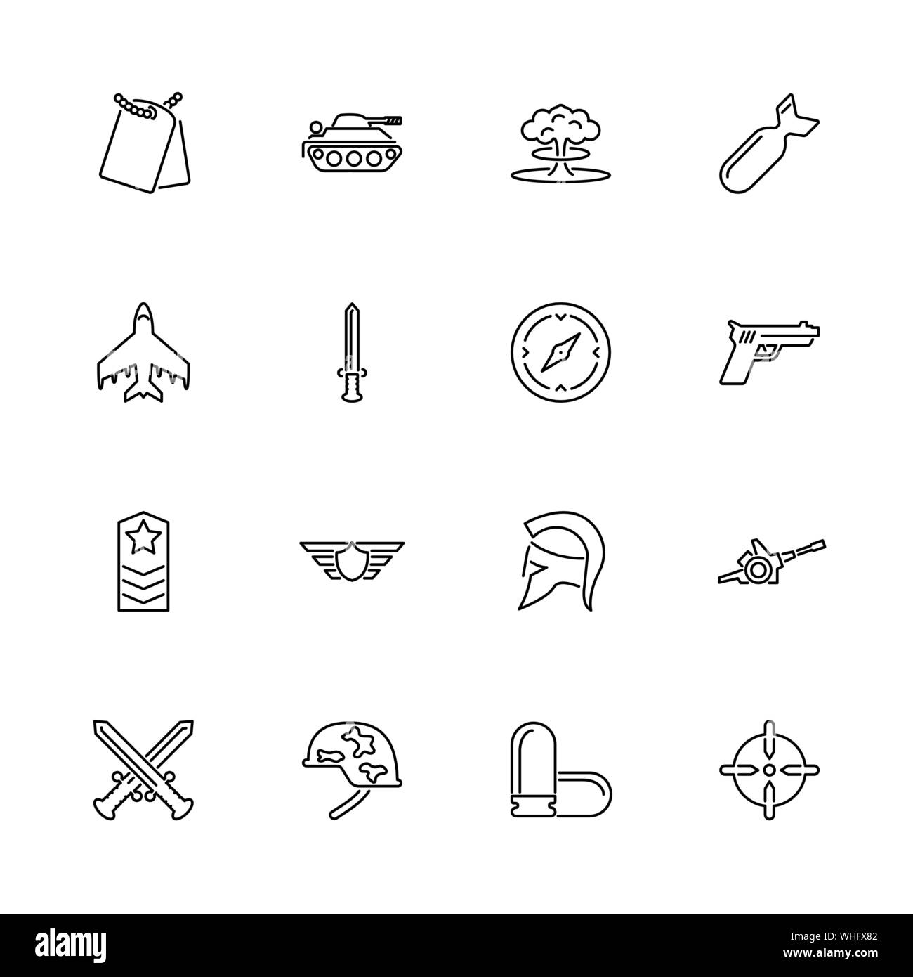 La guerre, l'armement, armés contours icons set - symbole noir sur fond ...