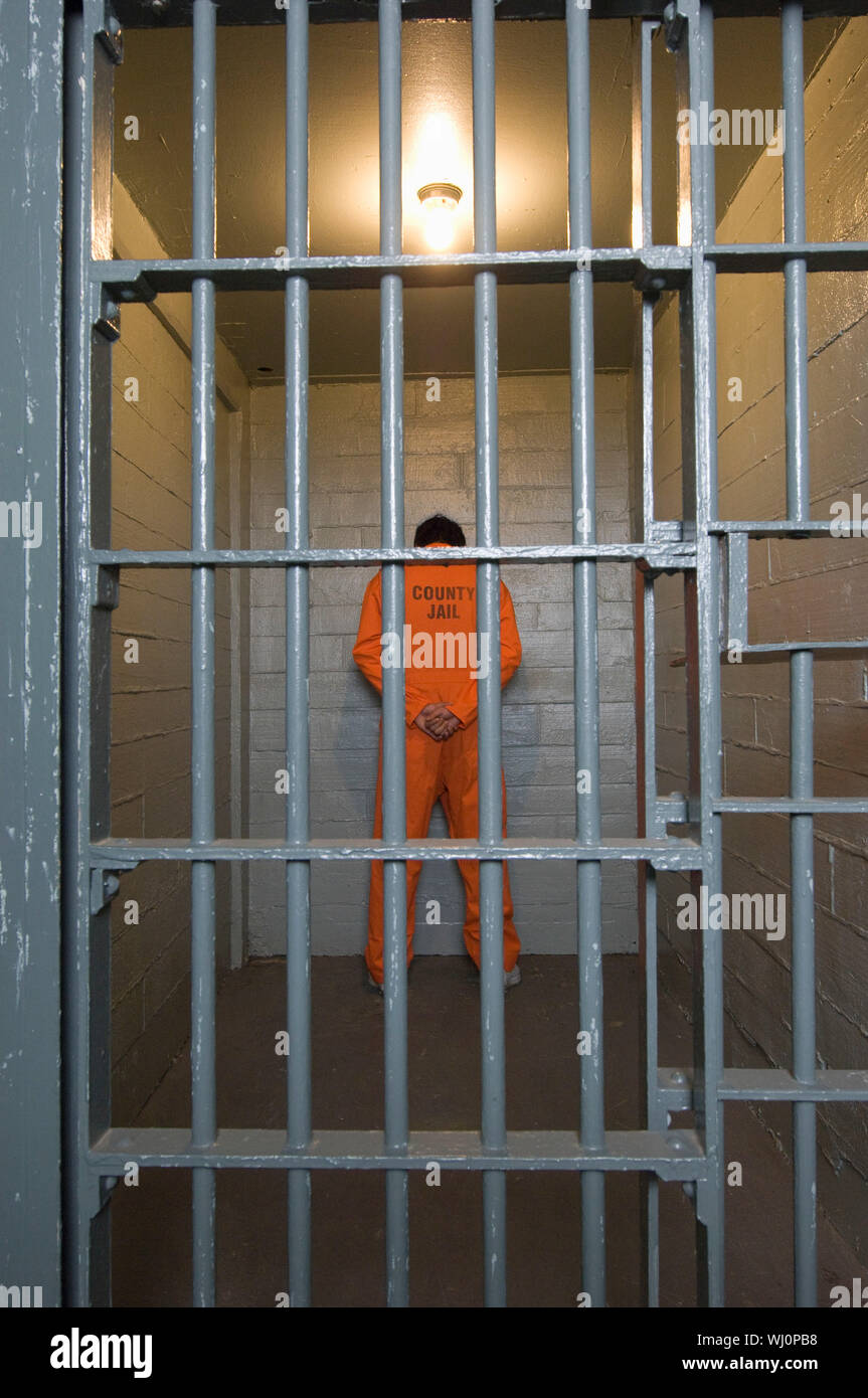 Prisoner standing behind prison cell Banque de photographies et d ...