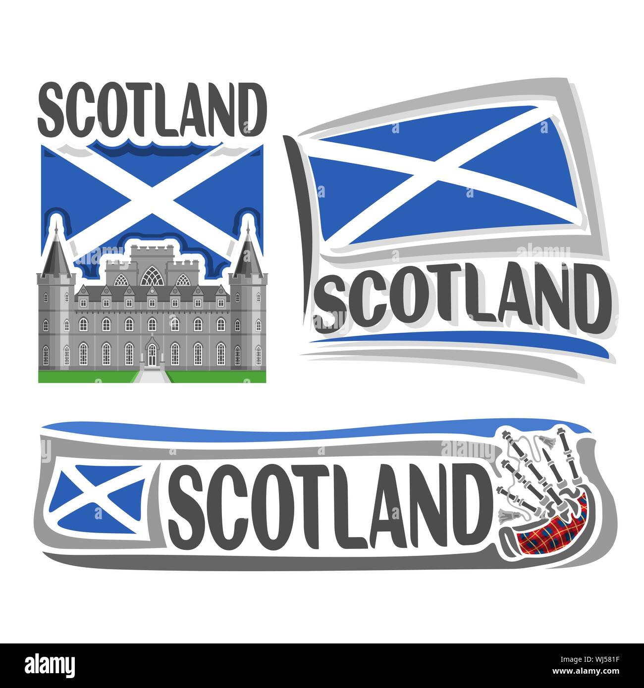 Logo vectoriel de l'Ecosse, 3 illustrations isolées : château d ...