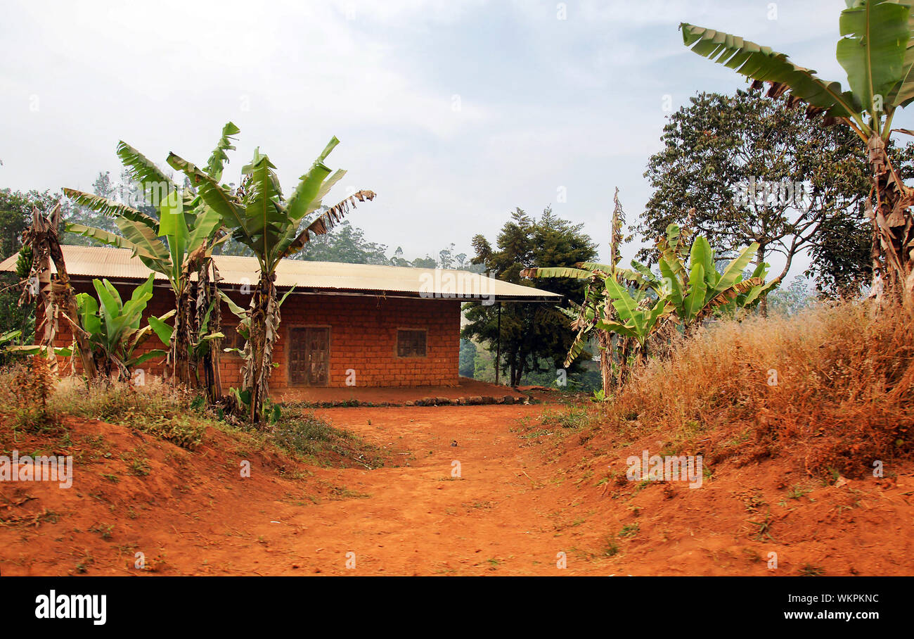 L'argile rouge typiquement africaine ou le sol brique avec toit en tôle ...