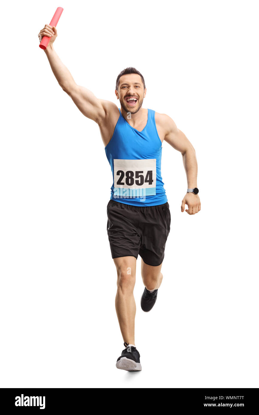 Portrait d'un homme qui court une course de relais avec une matraque ...