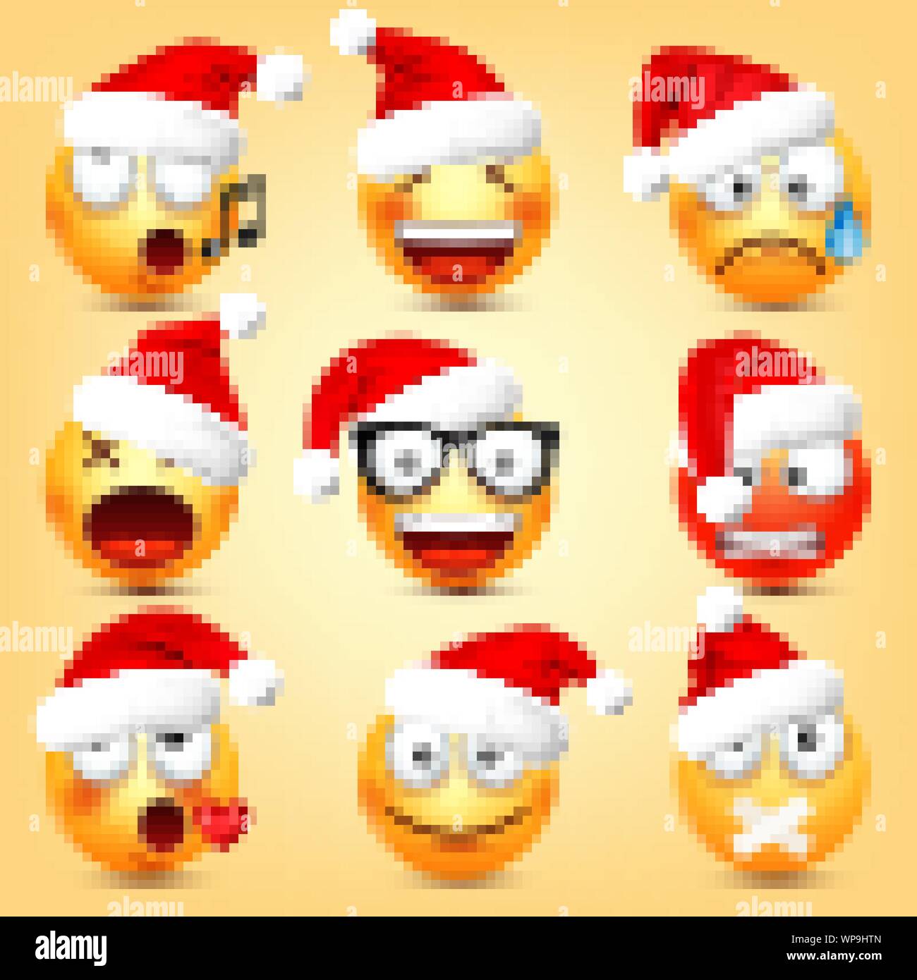Émoticône vector set. Avant jaune avec les émotions et chapeau de Noël ...