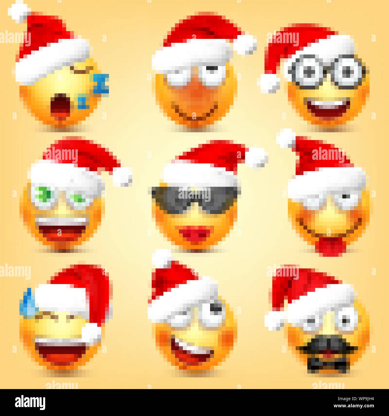 Émoticône vector set. Avant jaune avec les émotions et chapeau de Noël ...