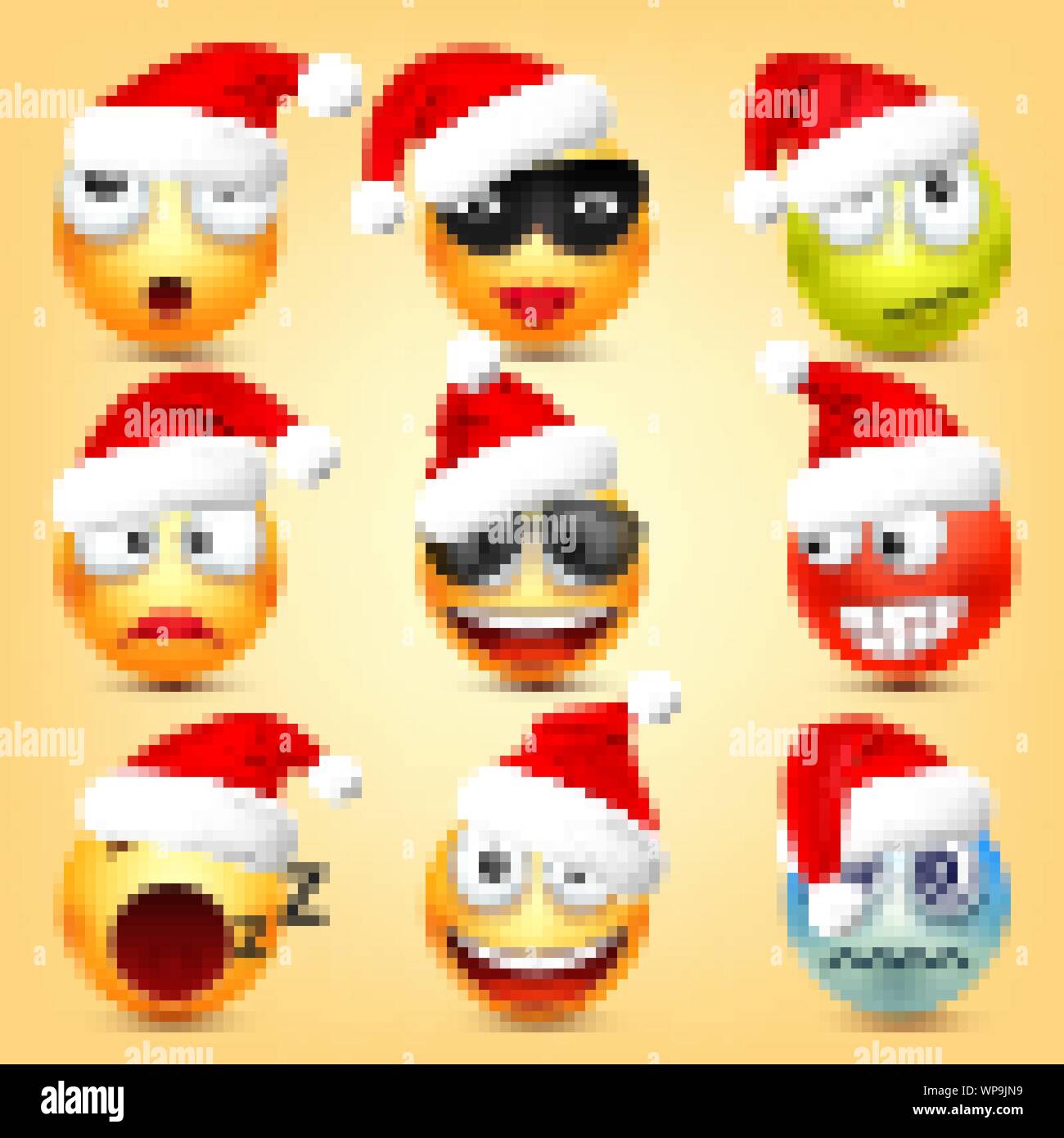 Émoticône vector set. Avant jaune avec les émotions et chapeau de Noël ...