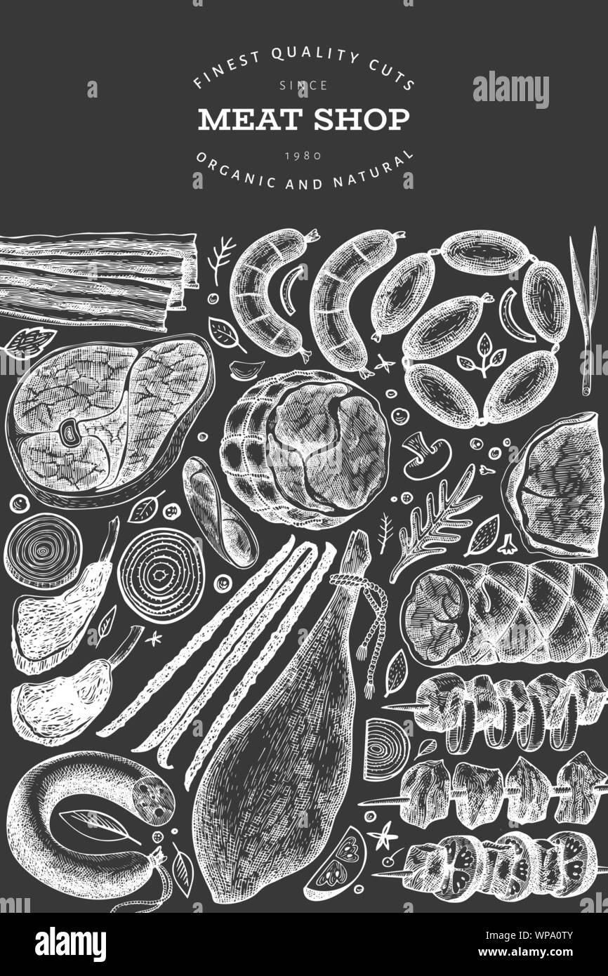 Produits de viande vecteur rétro modèle. Hand drawn jambon, saucisses ...