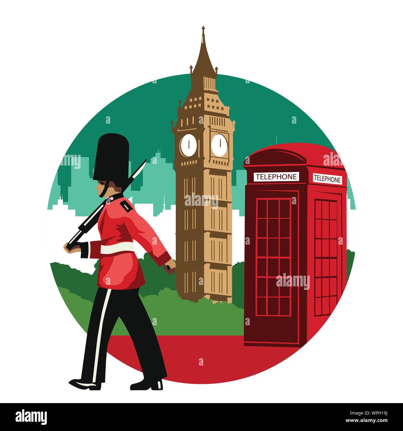 Soldat anglais,téléphone rouge fort et Big Ben,célèbre monument et ...