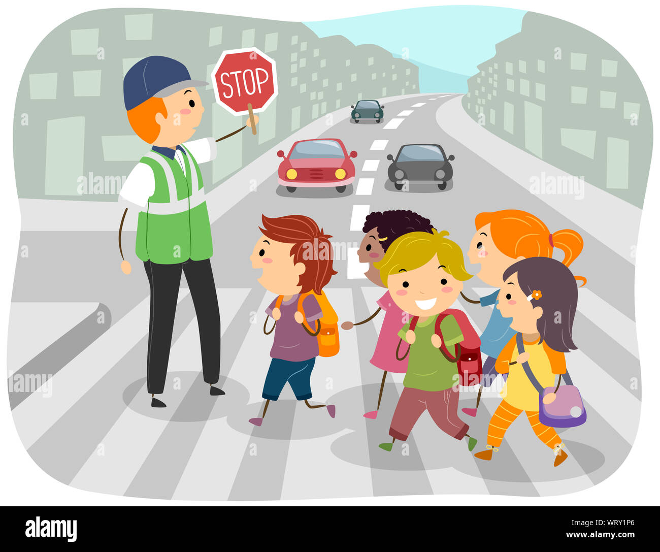 Illustration de Stickman Kids Les élèves de traverser la rue avec l ...