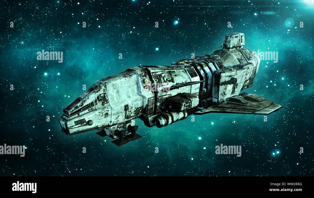 Vieux vaisseau spatial dans l'espace profond, sale flying engins ...
