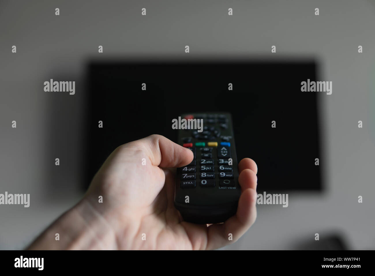 L'homme avec la télécommande dans la main veulent mettre le plat et ...