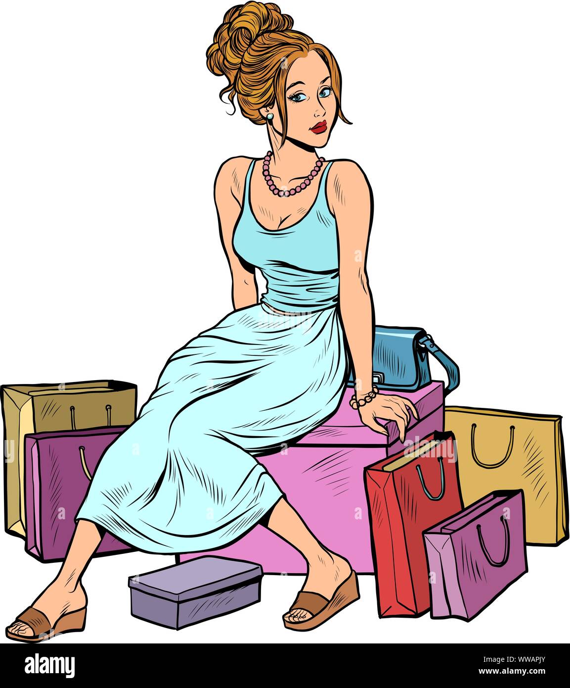 Woman shopping. Belle jeune acheteur. Retro pop art dessin illustration ...