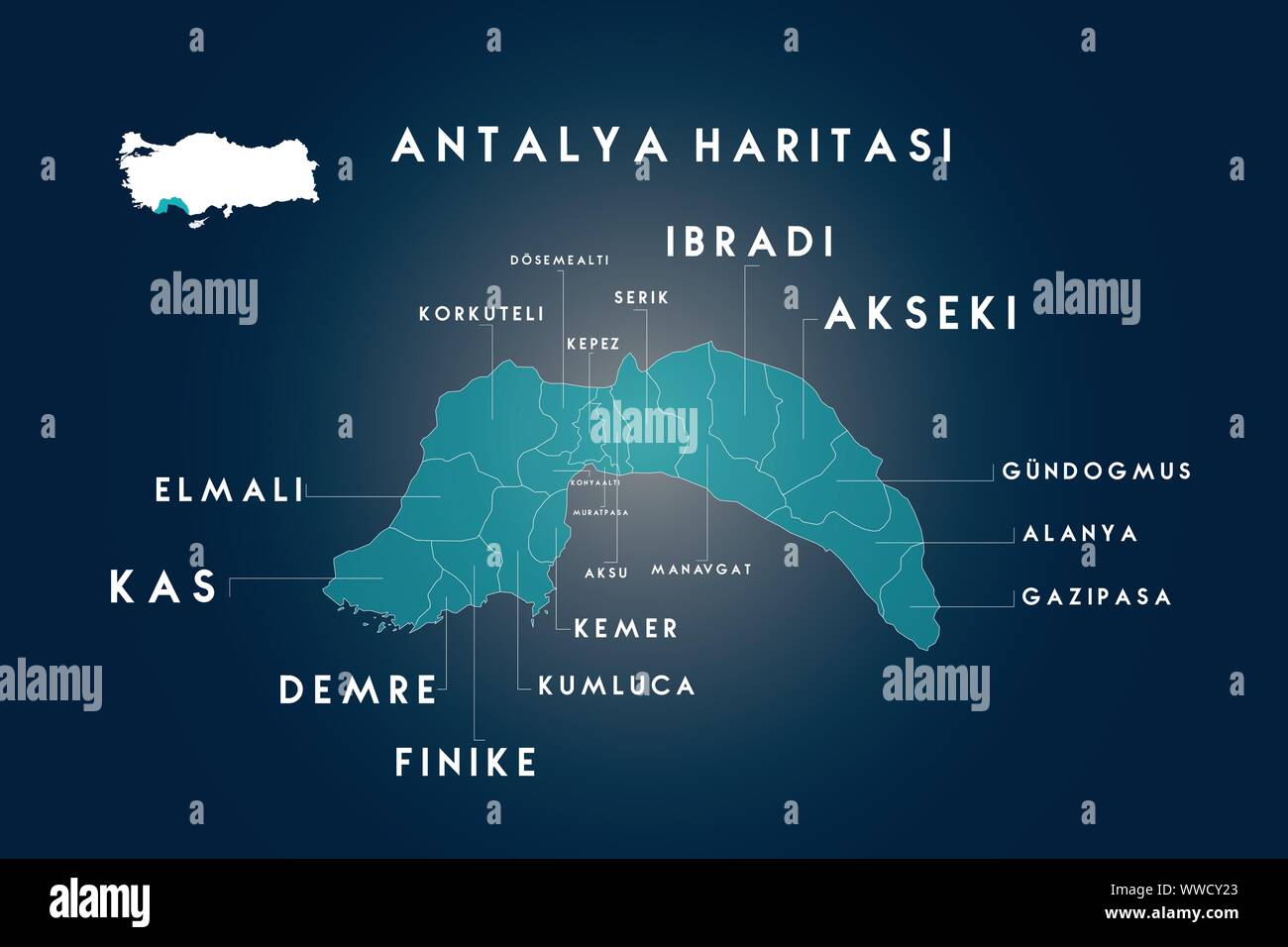 Les districts d'Antalya, Dosemealti Korkuteli, Kepez, Serik, İbradi ...