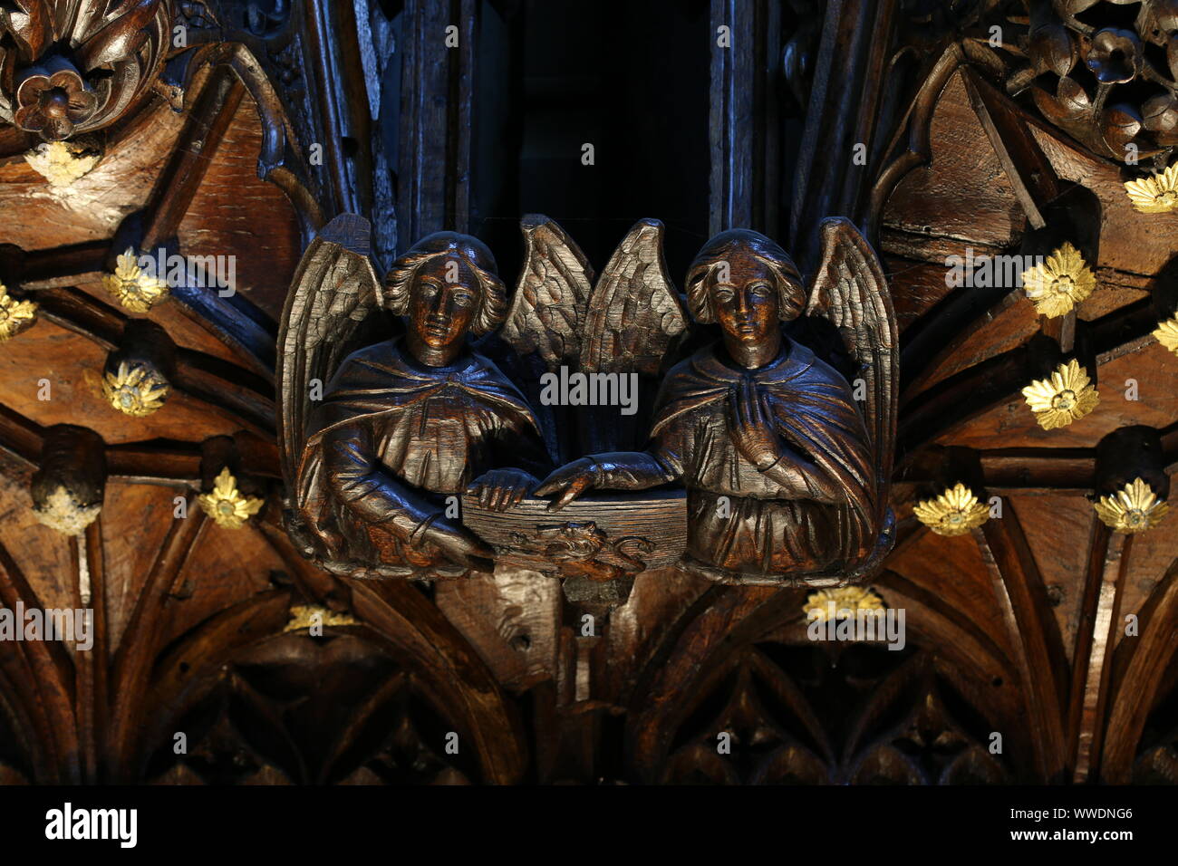 Détails de chœur, la cité médiévale de bois sculpté, l'église St Mary ...