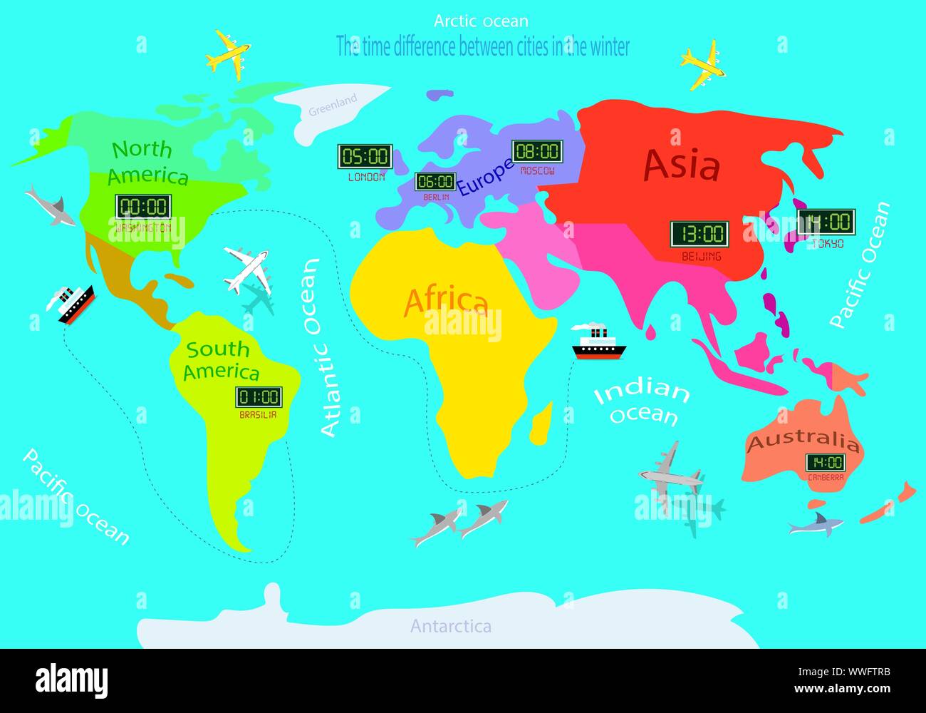 Les fuseaux horaires sur une carte du monde. Décalage horaire en hiver ...