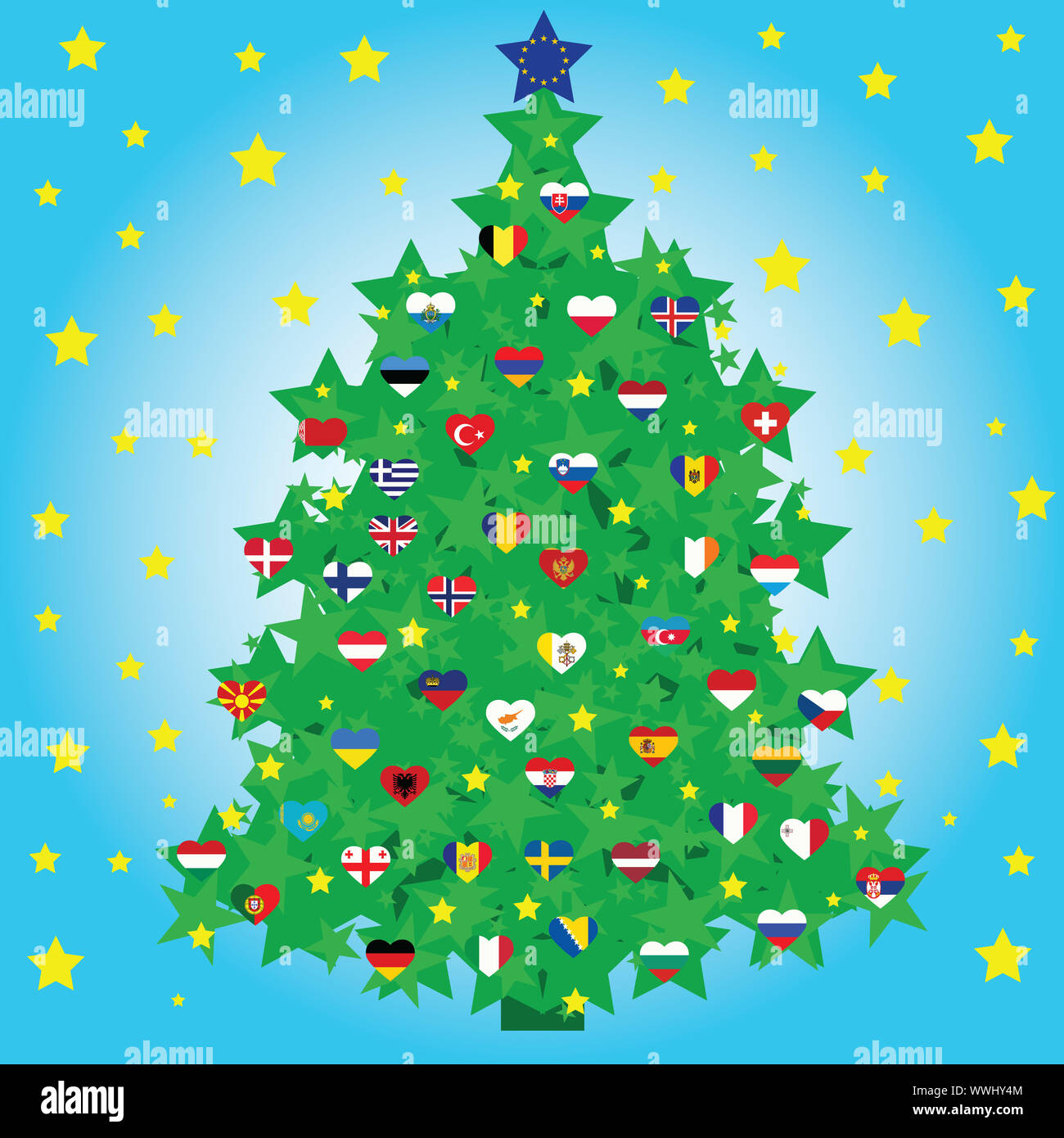 L'arbre de Noël européen décoré avec des drapeaux en forme de coeur ...