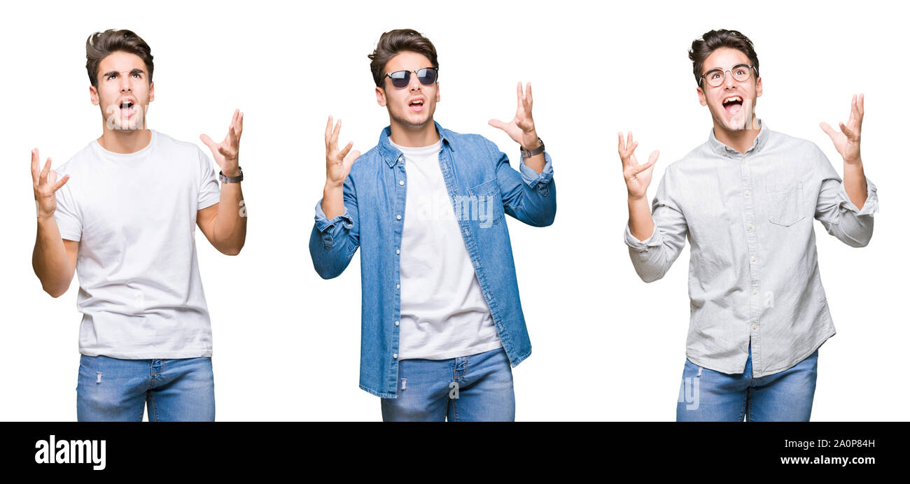 Collage di giovane uomo bello su sfondo isolato e pazzo pazzo grida e ...