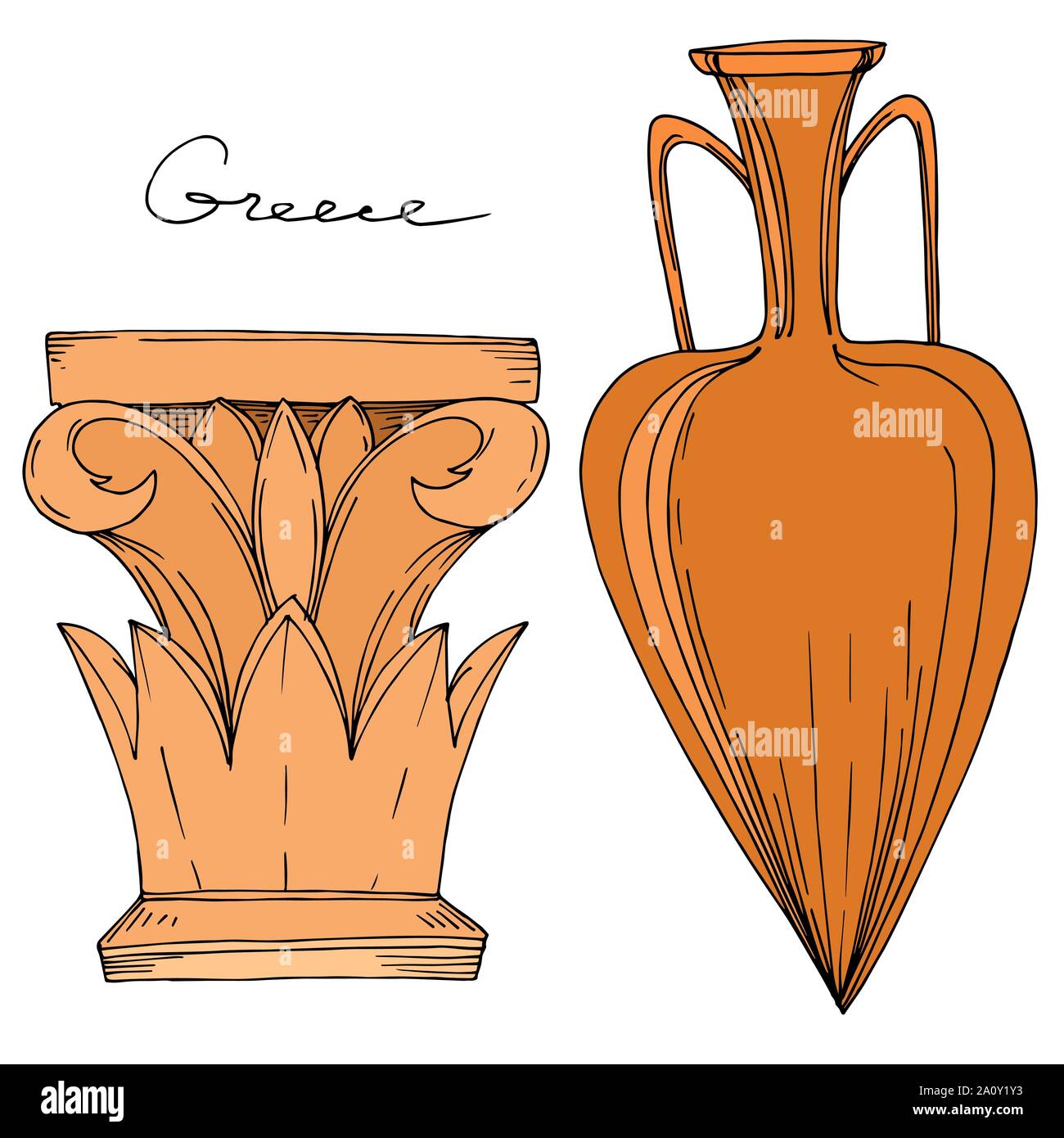 Vector antiche anfore greche e colonne. Bianco e nero inchiostro inciso ...