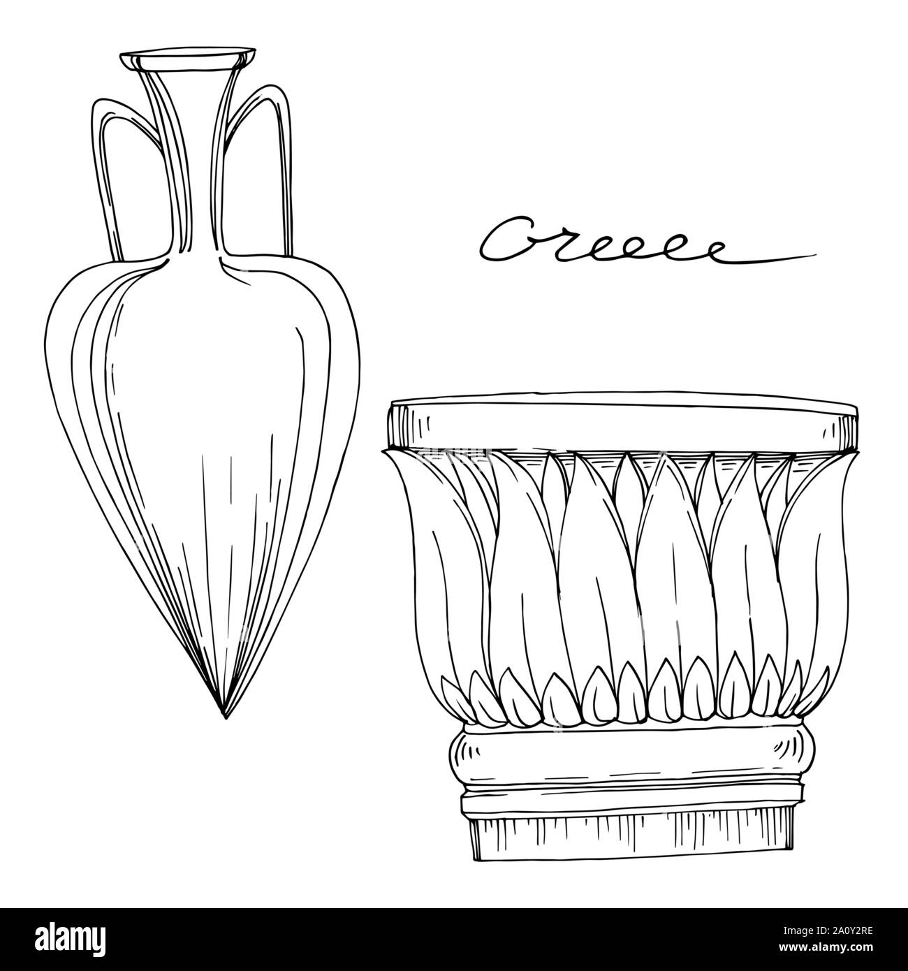 Vector antiche anfore greche e colonne. Bianco e nero inchiostro inciso ...