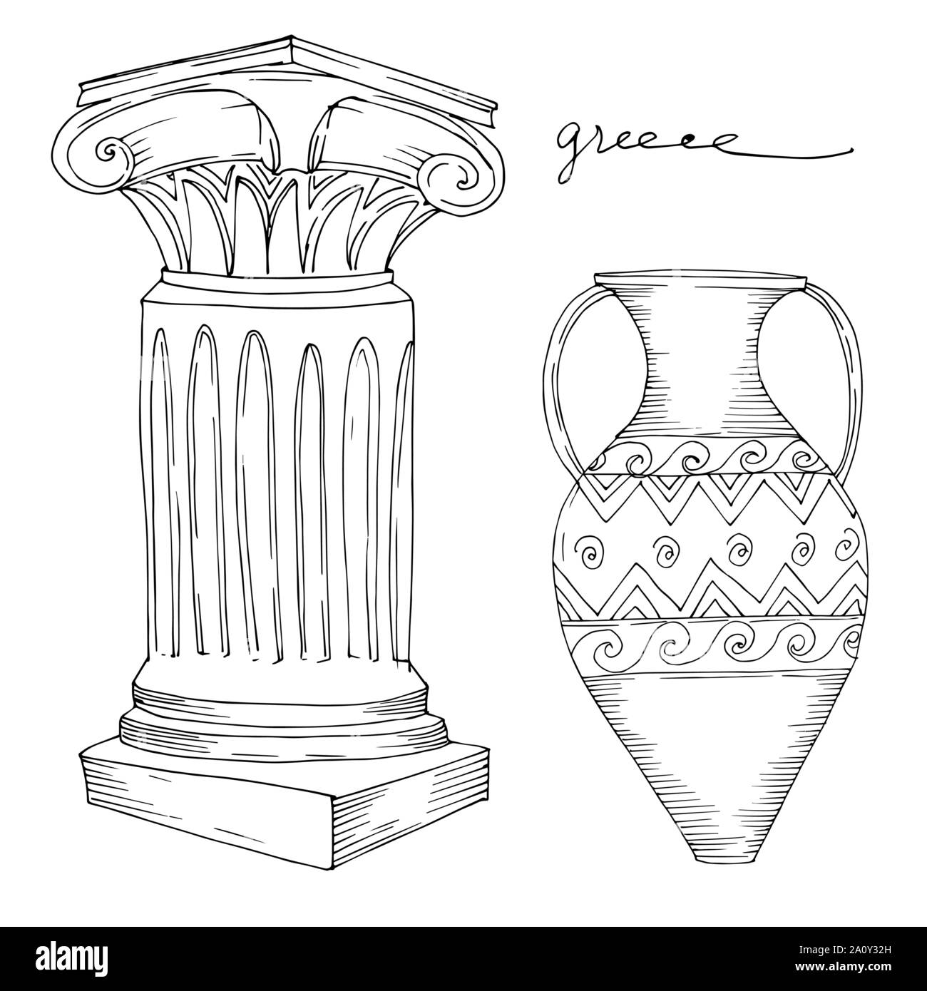 Vector antiche anfore greche e colonne. Bianco e nero inchiostro inciso ...