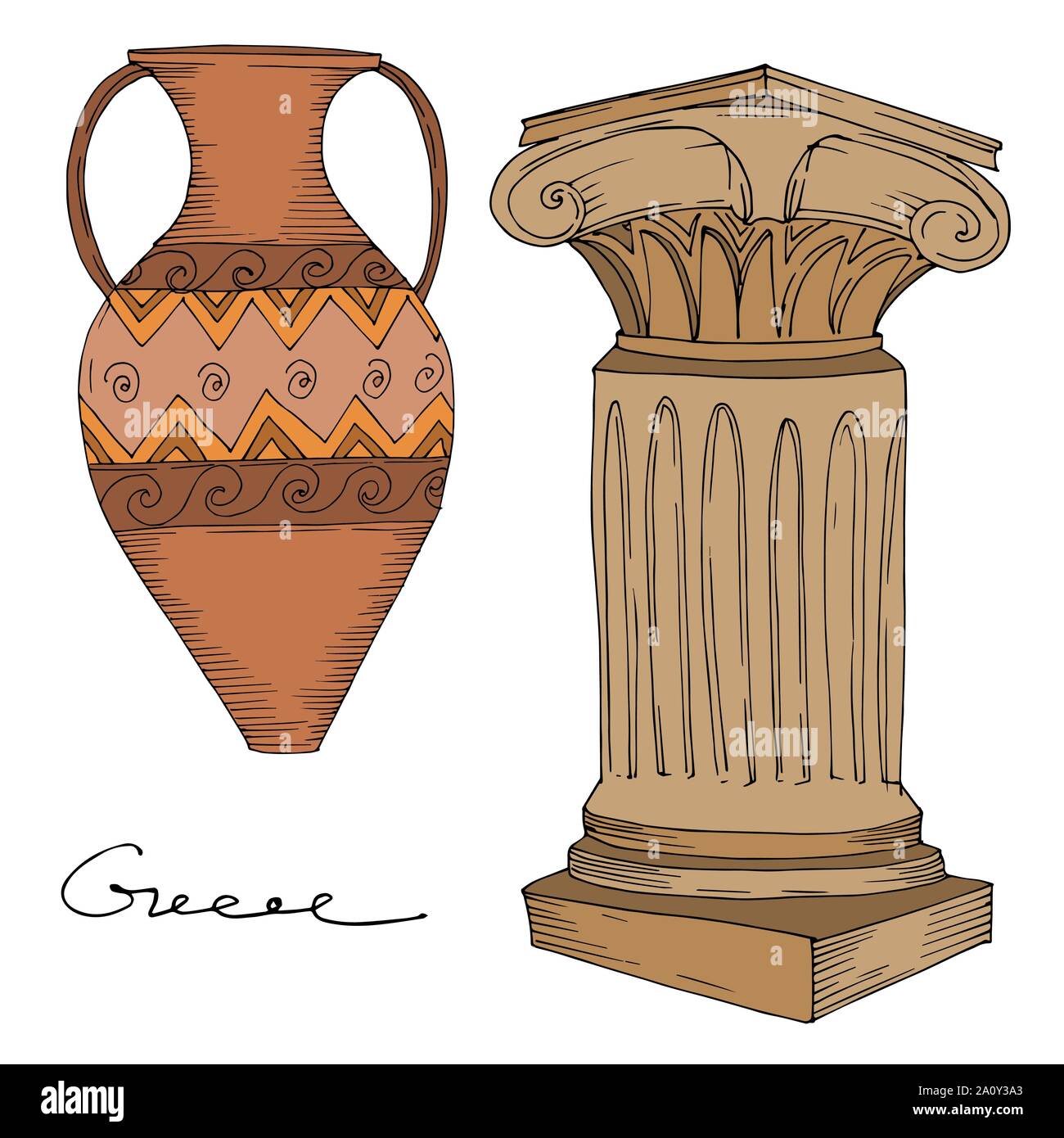 Vector antiche anfore greche e colonne. Bianco e nero inchiostro inciso ...