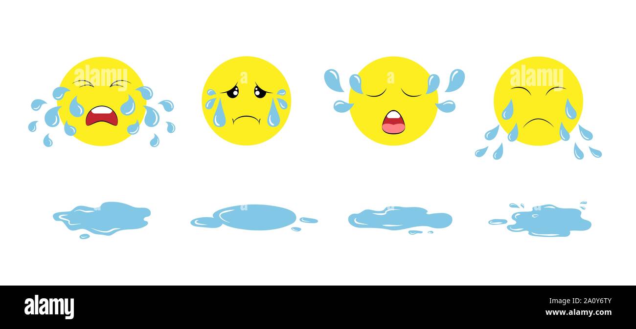 Set di cartoon di piangere gli Emoji facce con gocce di strappo e pozze ...