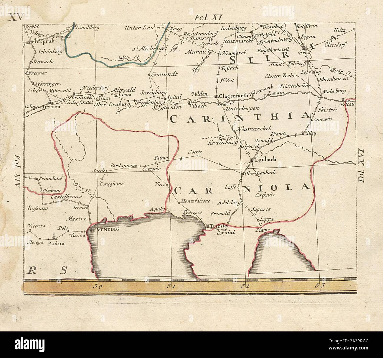 La Carinzia, Mappa di Innsbruck, Graz, Padova e Fiume, fol. 18r, Bors ...