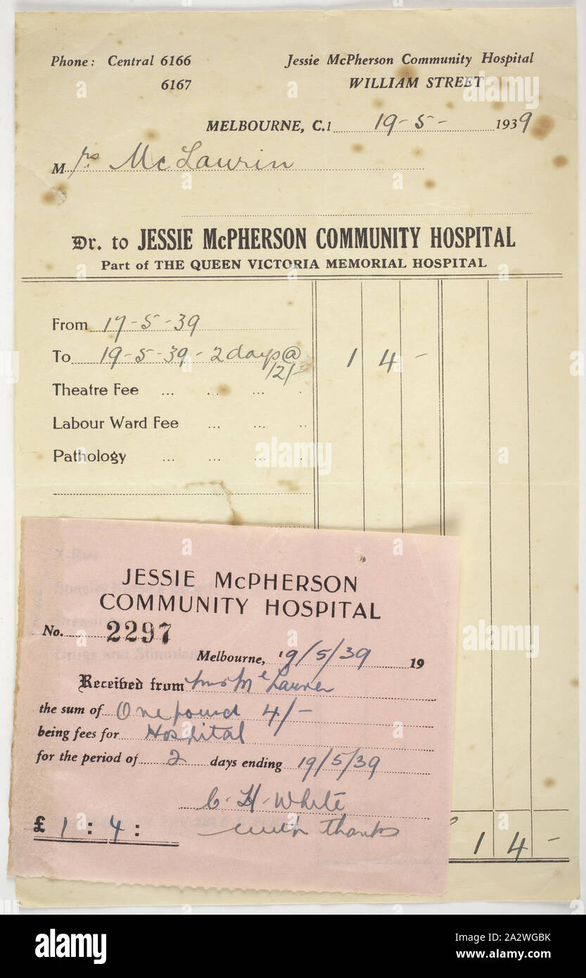 Fattura e ricevuta - Jessie McPherson Comunità Ospedale, 19 maggio 1939 ...