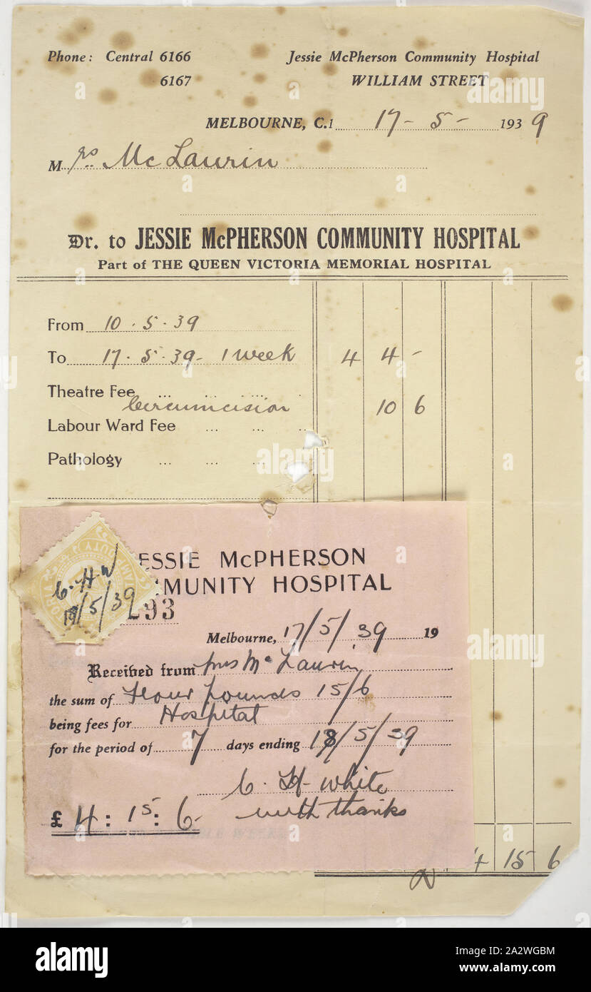 Fattura e ricevuta - Jessie McPherson Comunità Ospedale, 17 maggio 1939 ...