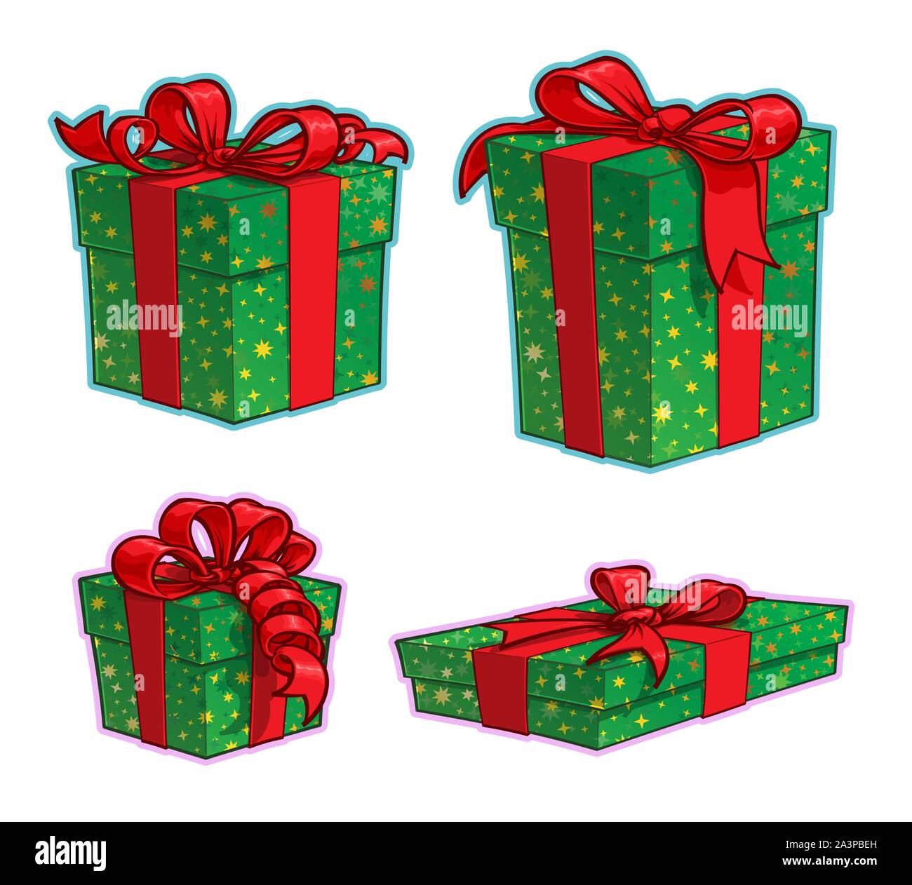 Vector Cartoon icona set di quattro verde presente avvolto di scatole ...