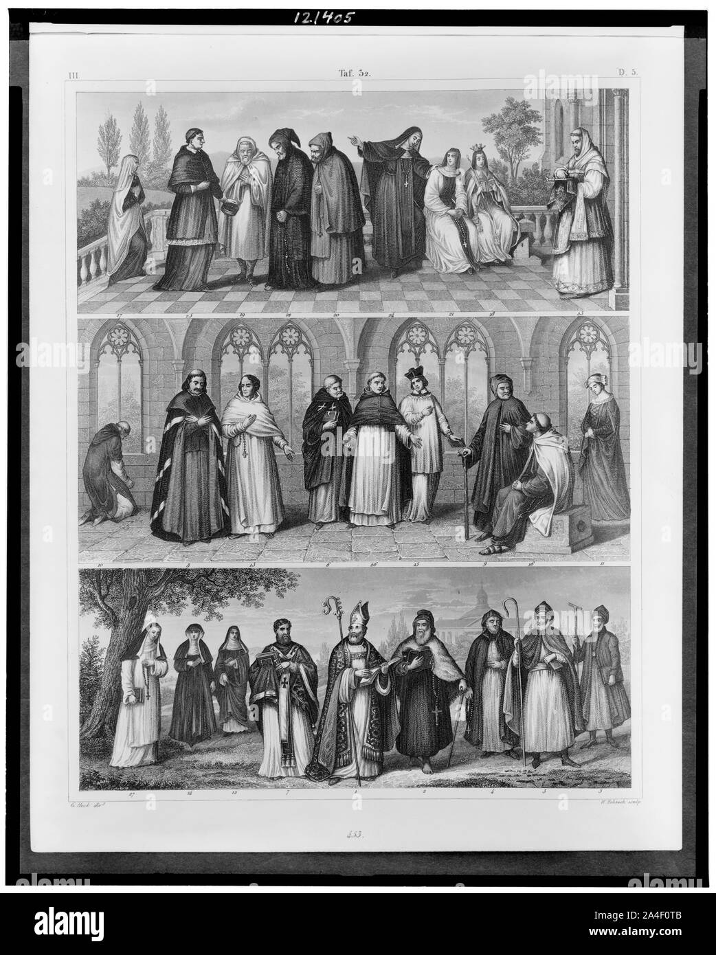 Tre illustrazioni raffiguranti santi, tra cui la Chiesa di San Augustin ...