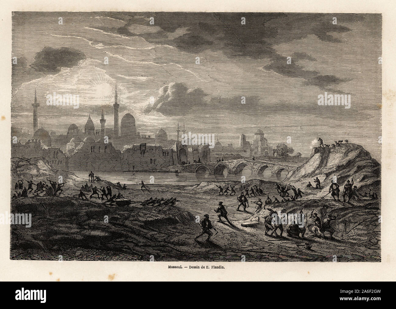 Vue de Mossoul ( Iraq), su Les Rives du Tigre, dessin de Eugene Flandin ...