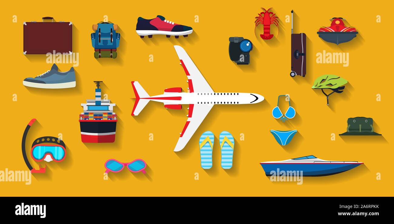 Set da viaggio icona piatto simbolo vacanze vacanza. Globo Estate ...