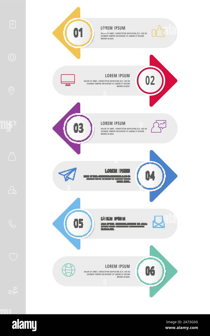 Infografico vettore modello piano. Cerchi con la freccia per sei schemi ...
